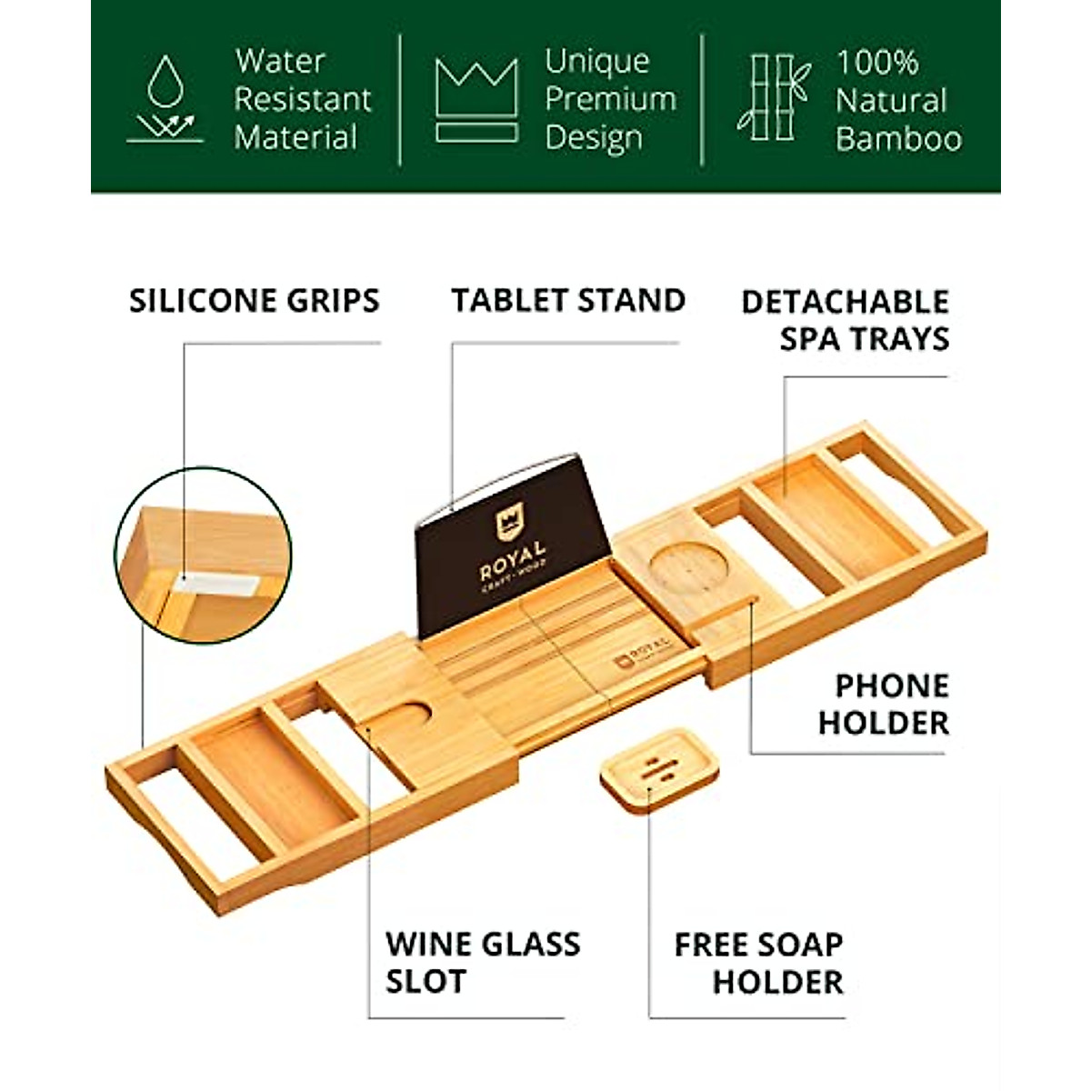 Foldable Bathtub Tray Caddy Bamboo Bathtub Tray Expandable, Bath Tub Table Caddy with Extending Sides - Free Soap Dish