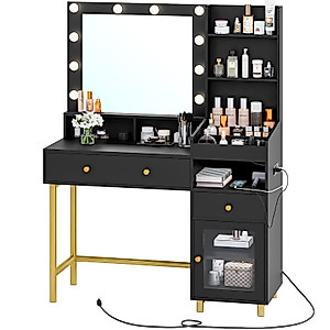 VIAGDO Black Vanity Desk with Mirror and Lights, Makeup Vanity with Charging Station & 3 Storage Compartments, Makeup Desk with Drawers and Open Storage Shelves, Bedroom Dressing Table