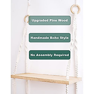 Easever Hanging Shelves Boho Room Decor, 3-Tier Boho Wooden Plant Shelves, Macrame Wall Hanging Storage Shelves, Boho Decor for Apartment, Bathroom, Living Room, Bedroom