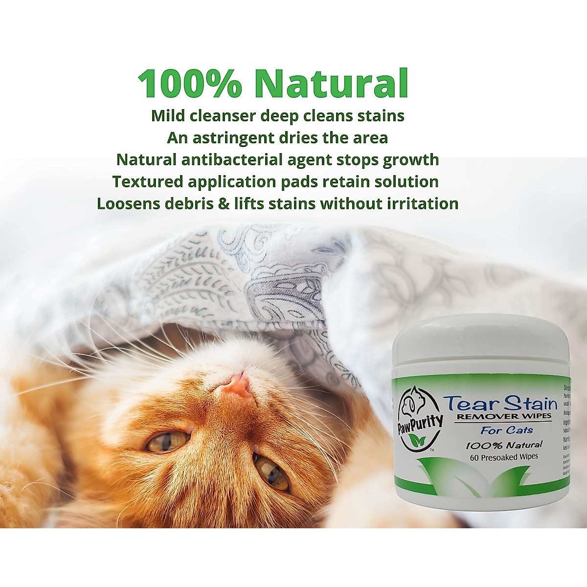 PawPurity Tear Stain Remover Wipes (60 pcs) for Cats | 100% Natural, Safe and Effective. | Removes Stains from Eyes of Cats and Kittens | Recommended by Vets/Groomers | Contains Colloidal Silver