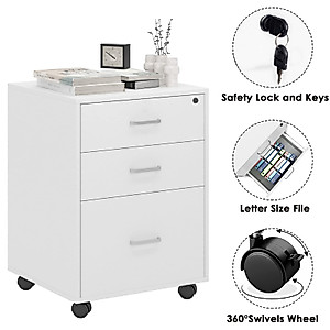SogesGame 3 Drawer File Cabinet with Lock, Office Storage File Cabinet on Wheels, Mobile Under Desk File Cabinets for Home Office Fits Letter/Legal/A4 Size, White