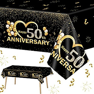 3pcs Happy 50th Anniversary Tablecloths Black Gold Table Covers 50th Wedding Anniversary Party Supplies for Parents Cheer to 50 Years Party Decorations and Plastic Disposable Party Favors,108*54 inch