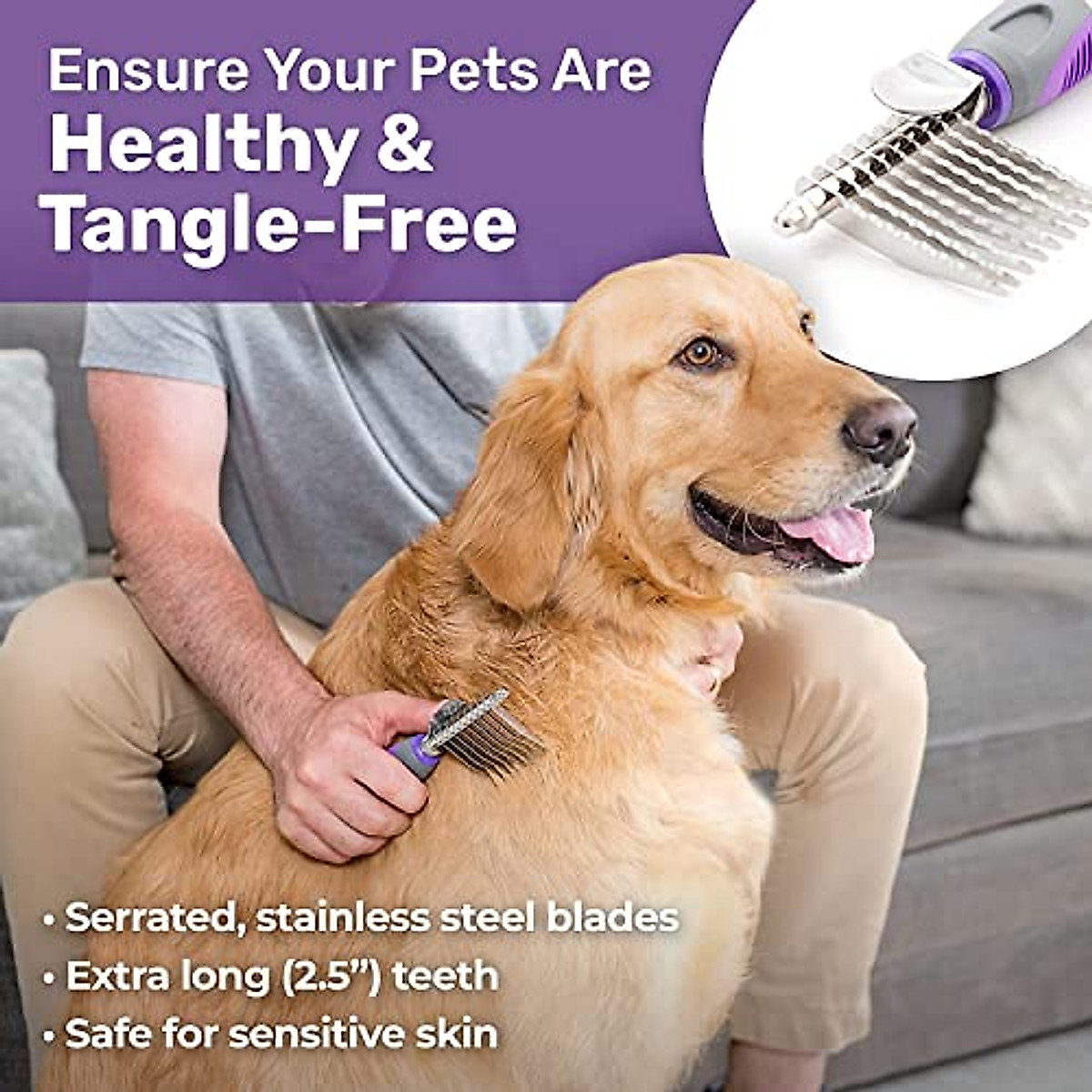 Hertzko Pet Dematting Comb for Dogs Cats - Undercoat Rake Grooming Brush with Safety Edges - Deshedding Tool Great for Cutting and Removing Dead, Matted, or Knotted Hair - Shedding Combs for Pets