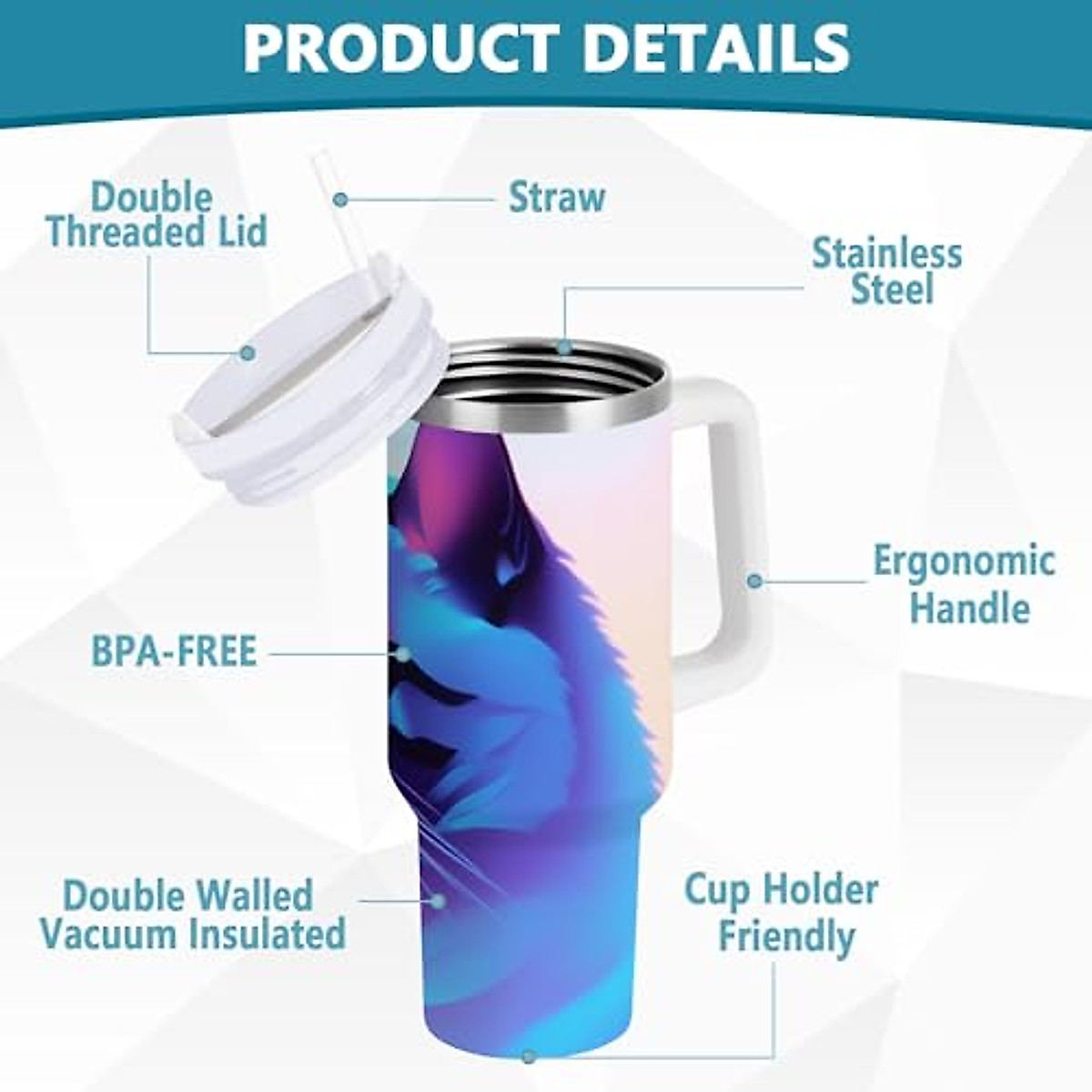 Nexawaveo Blue Hued Cat Tumbler With Handle And Straw 30-40oz Insulated Tumbler Cups With Lid Stainless Steel for Cold Water and Drinks for School Work Sports Car Travel and Weekends