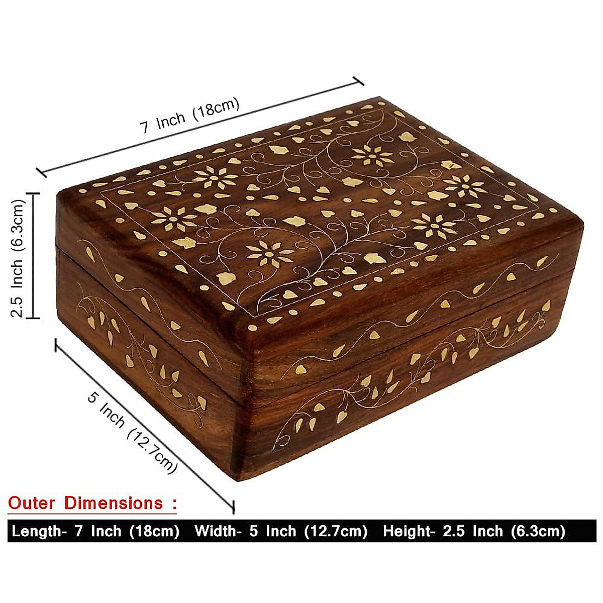 Ajuny Hand Carved Wooden Decorative Jewelry Storage Box with Floral Carvings Design Brass Inlay Keepsake Travel Treasure Chest Trinket Holder Organiser Great Gifts