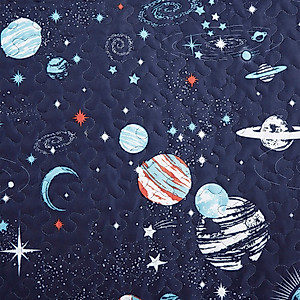 WPM WORLD PRODUCTS MART Blue Planet Universe Theme Kids Quilt Set Toddler Stars Space Galaxy Rocket Design Twin Size for Toddler Bed Bedspread with Pillow Shams (Pandora, Twin)