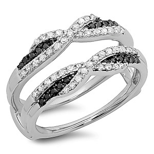 Dazzlingjewelrycollection Round Cut Black & White Diamond 14K White Gold Plated Ladies Swirl Anniversary Wedding Band Enhancer Guard Double Ring For Women's (7.5)