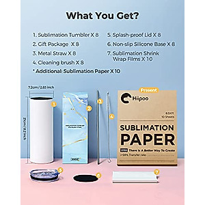 Hiipoo 8 Pack Sublimation Tumblers bulk 20 oz Straight Skinny with Sublimation Papers, Lids and Straws, Shrink Wrap, Sublimation Tumbler Cups for Tumbler Heat Press and Heat Transfer
