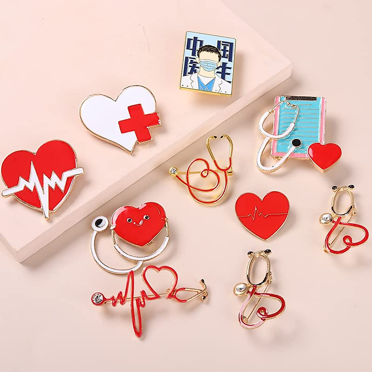 Red Enamel Heart Beating Line Stethoscope Doctor Medical Brooch and Pin (Stethoscope 1)