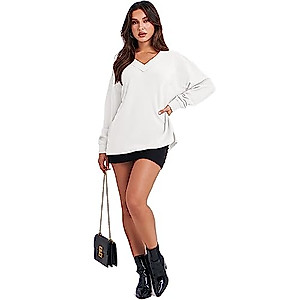 ANRABESS Women Long Sleeve Fall Shirt V Neck Off Shoulder Sweatshirt Ribbed Knit Pullover Sweater Loose Fit High Low Tunic Tops 2023 Trendy Clothes A1069baise-M White