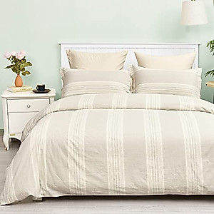 David's Home 100% Washed Cotton Duvet Cover Set Queen Size, Chambray Stripe Duvet Cover with Pillow Shams, 3pcs Ultra Soft and Breathable Comforter Cover Set, 90x 90 Inches, Khaki