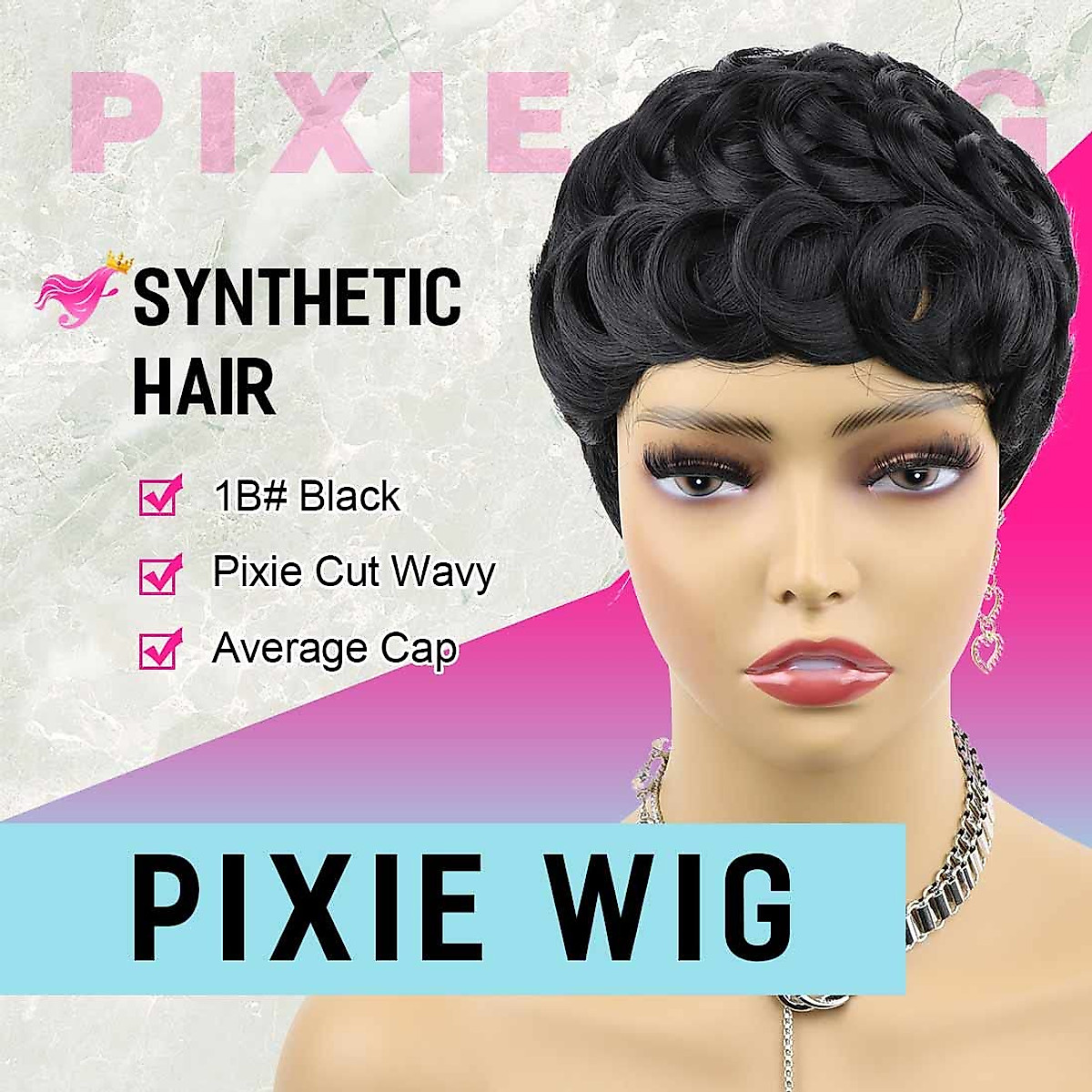 Flandi Short Pixie Cut Wigs for Black Women Natual Black Curly Pixie Wigs with Bangs Short Wigs Human Hair Wigs Short Curly Layered Pixie Wig for Women (Short Pixie Wavy 1B#)