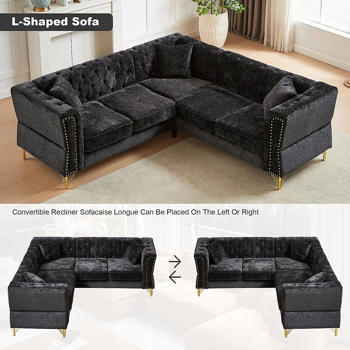 82" Oversize Chenille L-Shaped Corner Sofa,5-Seater Nailhead Trim Sectional Chesterfield Couch with 3 Cushions for Living Room, Bedroom (Black)