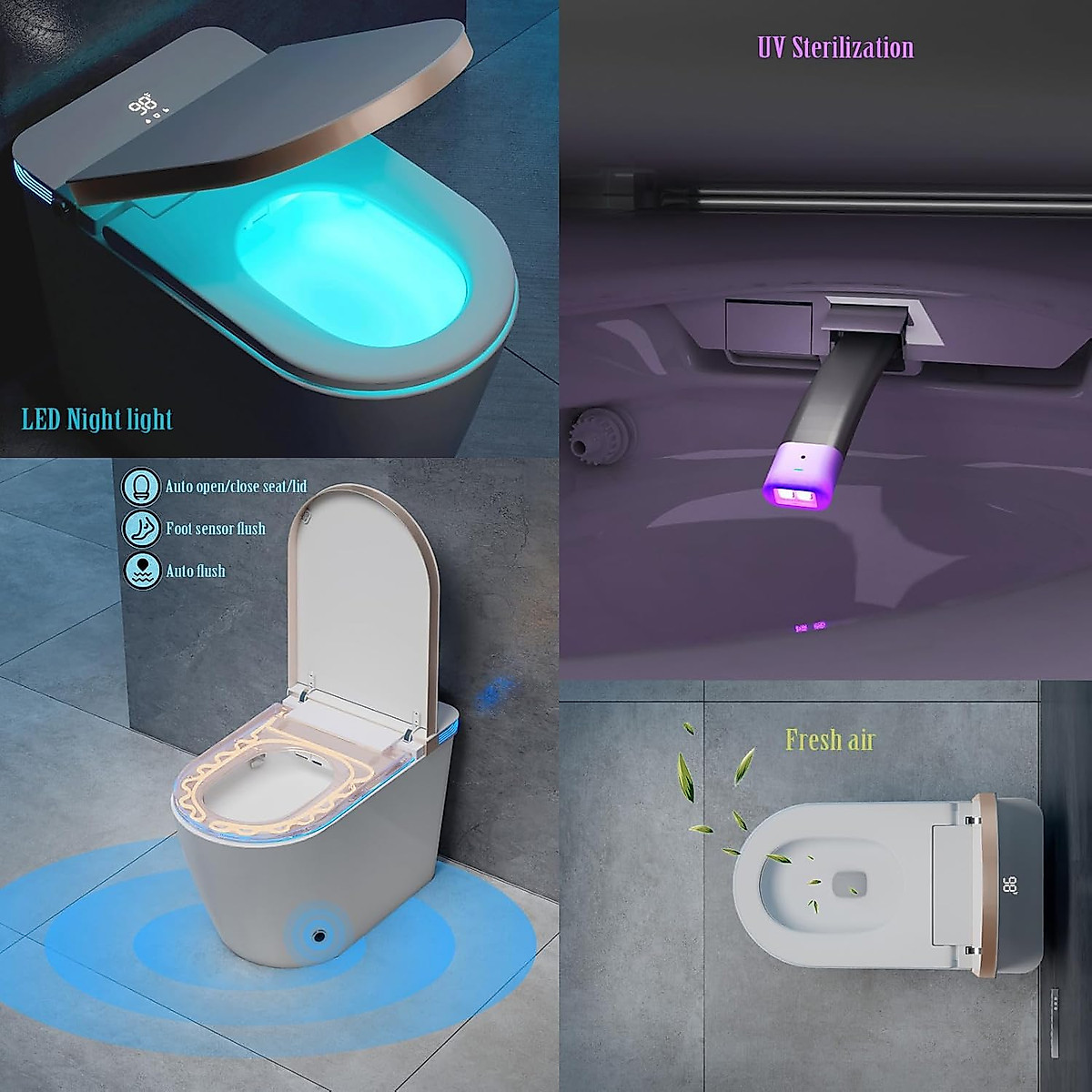 BONSAM Smart Toilet with Auto Open/Close Lid, Modern Tankless Toilet with Bidet Built In, One Piece Toilet with Auto Deodorization, Foot Sensor Operation, Remote Control