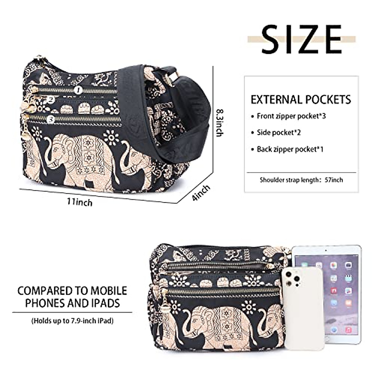 LUPBOK Women Elephant Hobo Shoulder Bag Multi Pocket Casual Crossbody Bag Lightweight Cross-Body Handbags Side Bag