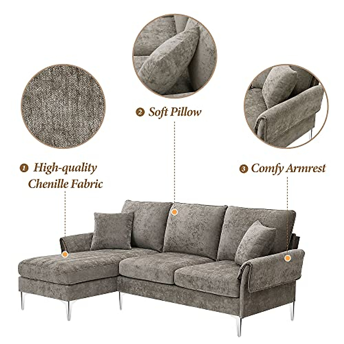 ERYE 84" L-Shaped Upholstered Corner Sofa Convertible Sectional Sofa & Couch,Modern Chenille Upholstery Couch with Reversible Chaise and 2 Pillows for Home Apartment Office Living Room