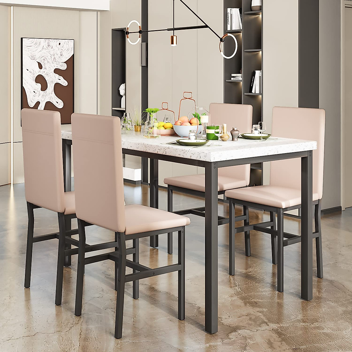 AWQM White Faux Marble Dining Table with 4 Upholstered Chairs, 5-Piece Dining Room Table Set for Small Space, Breakfast Table Bar Table and Chairs Set for 4, Home & Kitchen Set