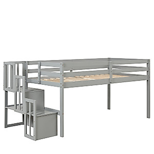 CITYLIGHT Low Loft Bed with Staircase,Twin Size Kids Loft Bed with Step Storage,Wood Loft Bed Frame Twin with Safety Guardrails for Girls, Boys,Grey