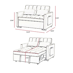 Lepfun 3 in 1 Convertible Sleeper Sofa Couch with Pull Out Bed, Small Futon Loveseat Lounge Chaise with Reclining Backrest and Armrest, Upholstered Love Seats Sofabed, Off White Velvet
