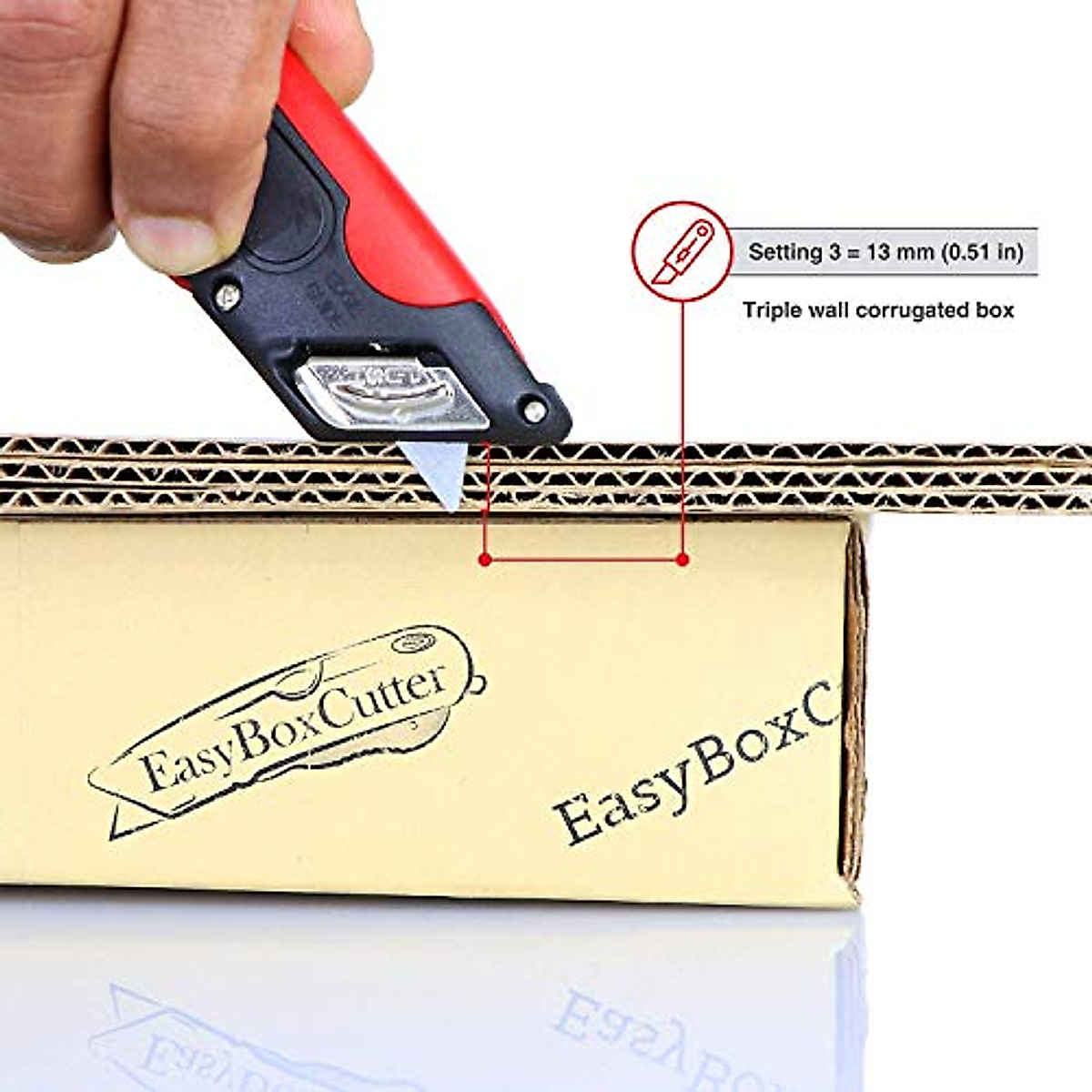 Modern Box Cutter, extra tape cutter at back, dual side edge guide, 3 blade depth setting, 2 blades and holster - Red Color 2000
