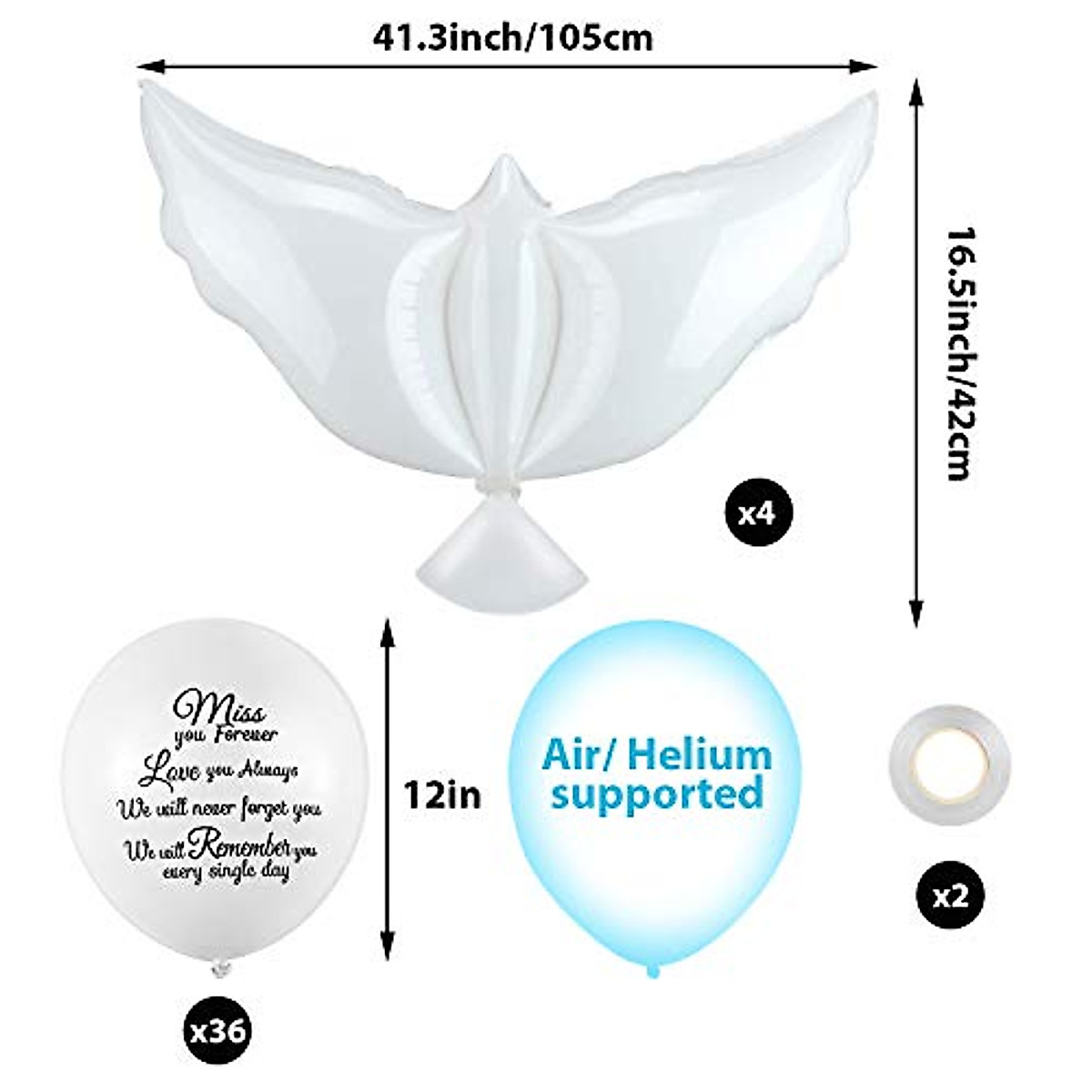 36 Pieces White Memorial Balloons with 4 Pieces Peace Dove Balloons Pigeon Bird Balloons Funeral Remembrance Helium Balloons for Condolence, Funeral, Anniversary, Memorial Services