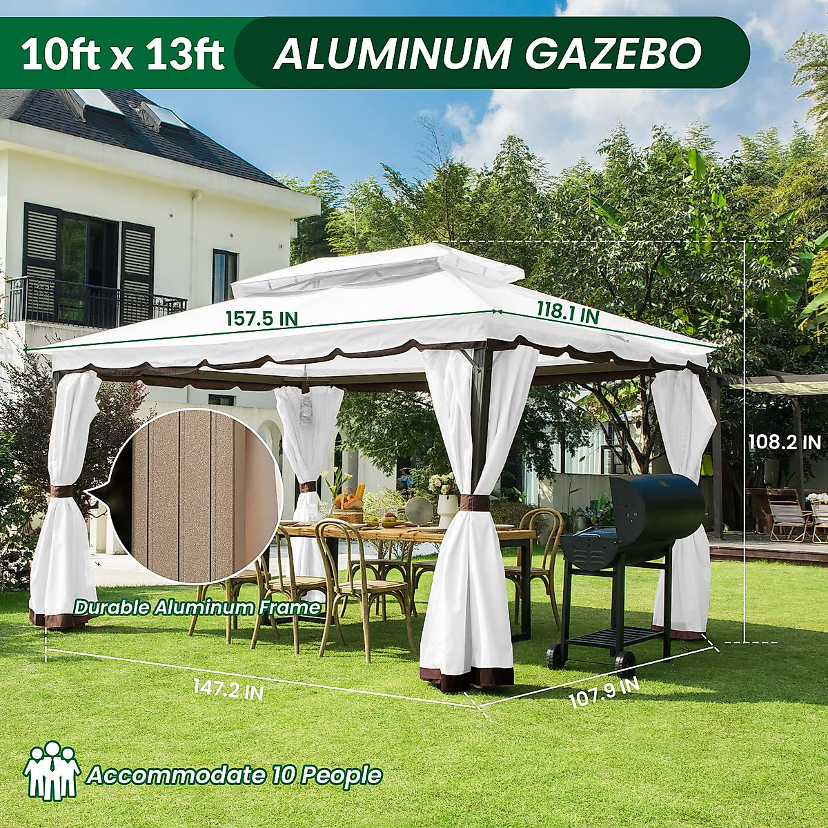 MEWAY Patio Gazebo 10x13 Gazebo with Mosquito Netting Aluminum Outdoor Gazebo Canopy with Curtains for Backyard Lawn Garden Deck, White Brown