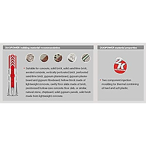 fischer DuoPower 1/4"x1-3/16", Powerful Universal Plug with Intelligent 2-Component Technology for fastenings in Concrete, Bricks, Gypsum plasterboard, chipboard, 100 Plugs Without Screws