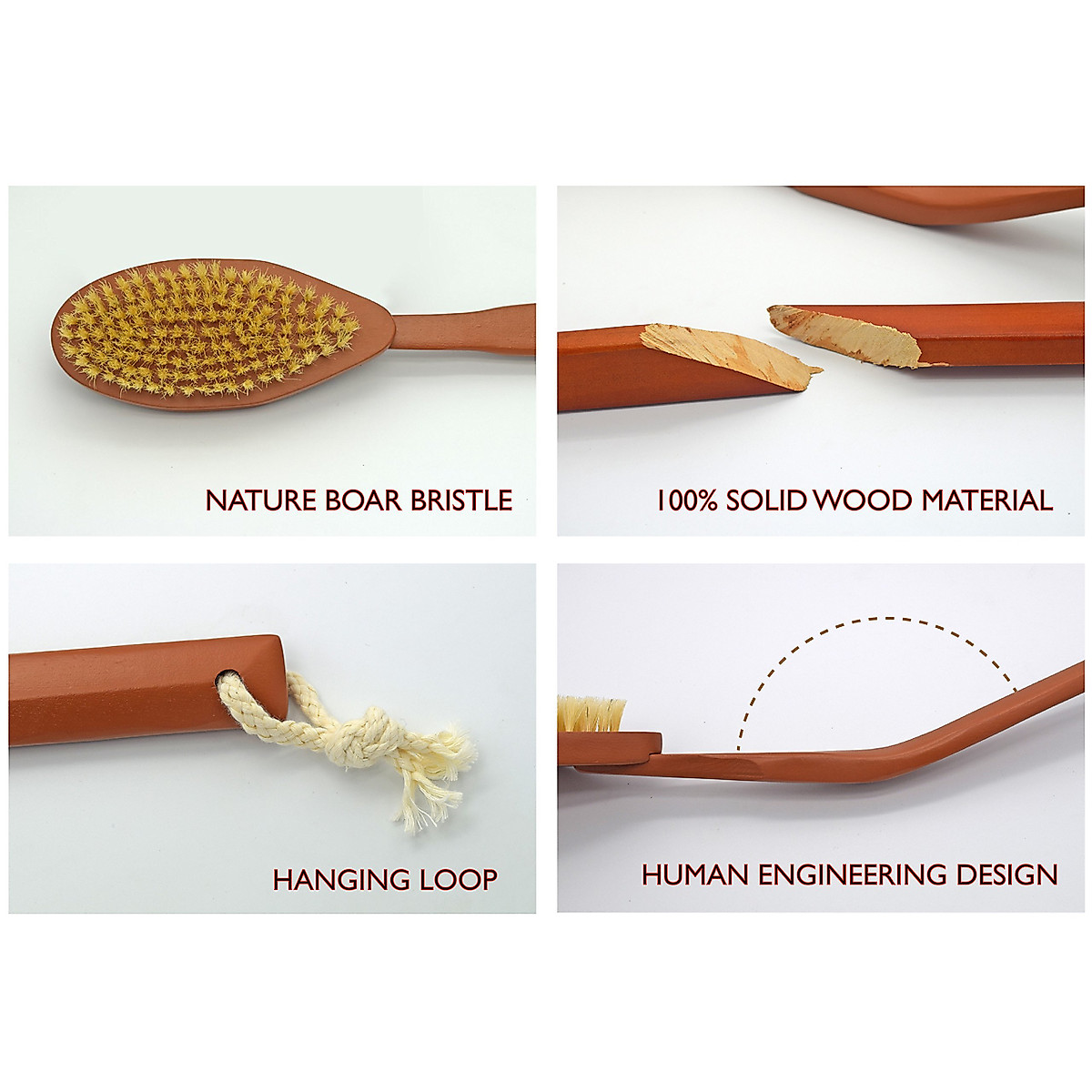 UTRAX 20'' Long Detachable Wooden Bath Brush with Curved Reach Handle Hanging Wood Shower Brush with Boar-Bristle