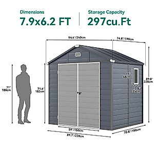 YITAHOME 8x6.2FT Outdoor Resin Storage Shed w/o Floor, All-Weather Plastic Shed with Lockable Doors, Window & Vents, Plastic Tool Shed for Backyard, Patio, Poolside, Lawn, Dark Gray