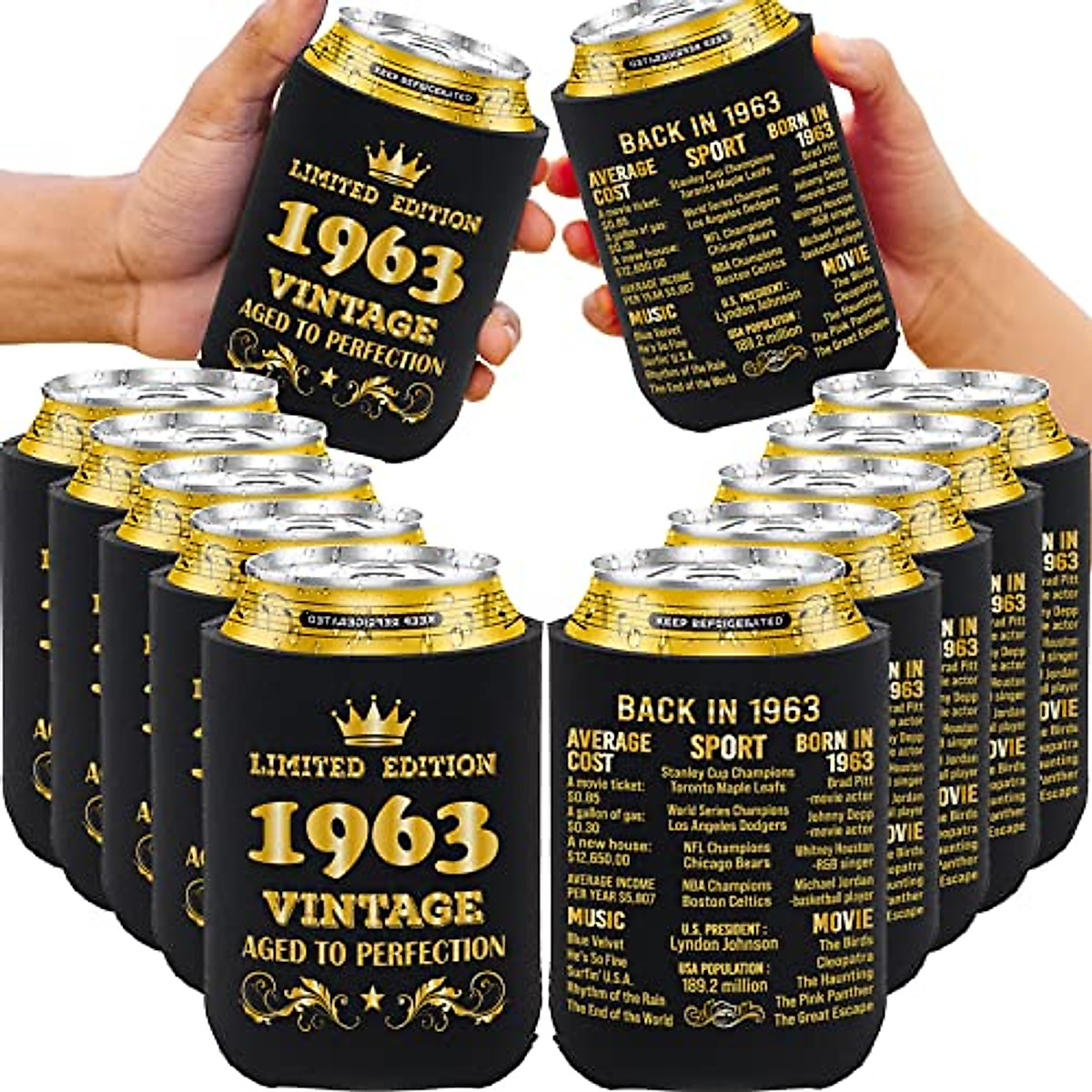 BackURyear 60th Birthday Party Decorations for Men Women, Funny 60th Birthday Party Supplies, 60 Years Old Sixty Birthday Decor, 60th Birthday Party Cans Cooler Sleeves, Black&Gold/12 Pcs
