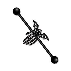 COCHARM Black Bat Skeleton Industrial Earrings 14g Hallween Skull Hand Industrial Piercing Jewelry Surgical Steel Industrail Bar Piercing