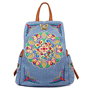 Jursccu Denim Embroidered Floral Canvas Backpacks for Women Anti theft Retro Jeans Travel Ethnic Style Shoulder Bag one-size