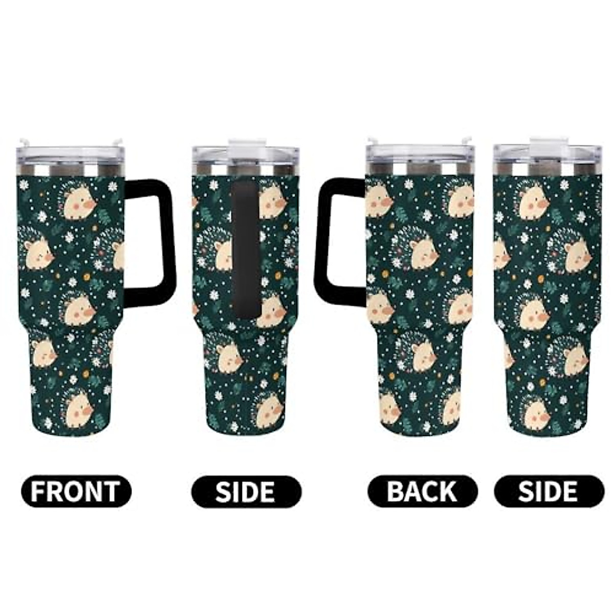 Cute Hedgehogs Flowers Tumbler with Handle Travel Mug Water Bottle Tea Coffee Cup Black-style