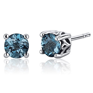 Peora London Blue Topaz Stud Earrings 925 Sterling Silver, Solitaire Scroll Gallery, Natural Gemstone Birthstone, 2 Carats Total, Round Shape 6mm, Friction Backs