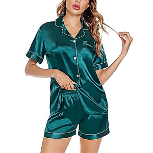 SWOMOG Woman Silk Pajamas Sets Button-Down Satin Loungewear Sleepwear 2 Pieces PJs Sets Cute Bridemide Mightwear Green