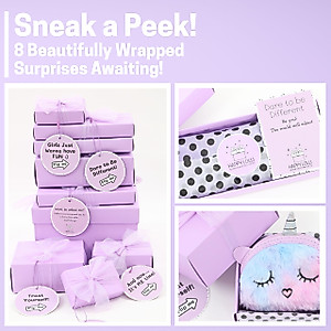 HAPPY LOLLI Gift for Tween and Teen Girls - 8 Wrapped Gifts in 1 Box with Fun Tasks and Cards to Empower Girls. (Purple)