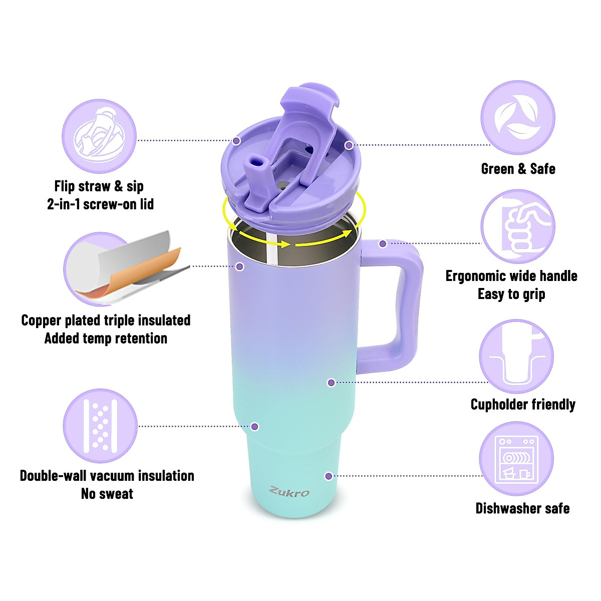 Zukro 50 oz Tumbler With Handle, 100% Leak Proof, Large Triple-wall Insulated Stainless Steel Jug with Lid and Flip Straw, No Sweat Wate Bottle Fit in Cup Holder, Keep Drinks Cold 34 Hours, Black