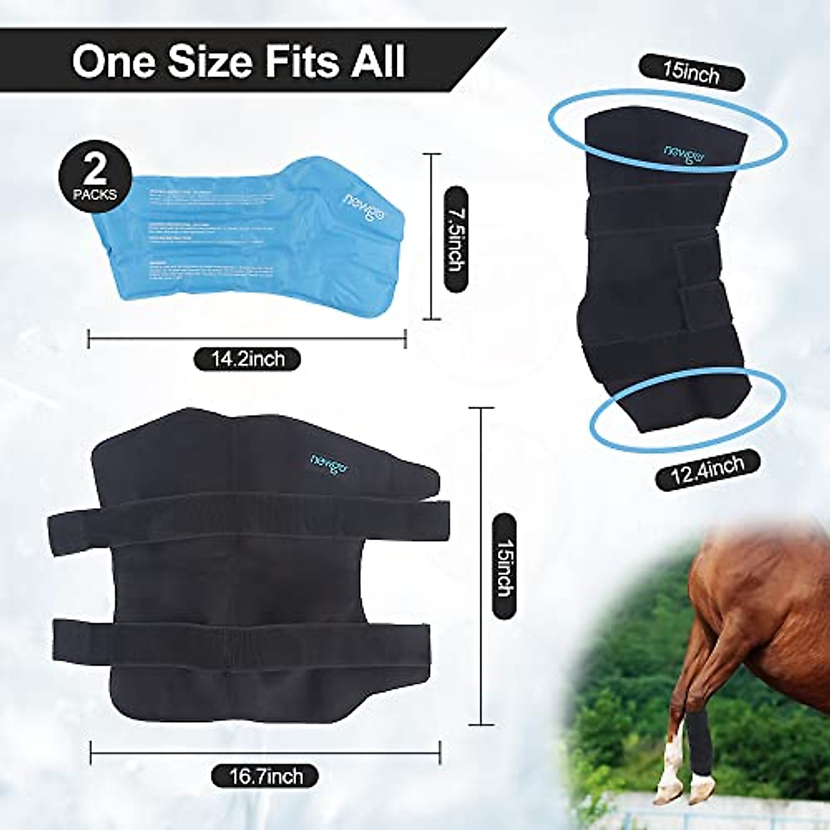 NEWGO Horse Ice Pack Reusable Horse Leg Wrap for Injury, Cooling Horse Knee Wrap Full Coverage Leg Ice Boot Cold Pack 1 Wrap with 2 Gel Packs for Knee, Legs, Boots, and Hooves