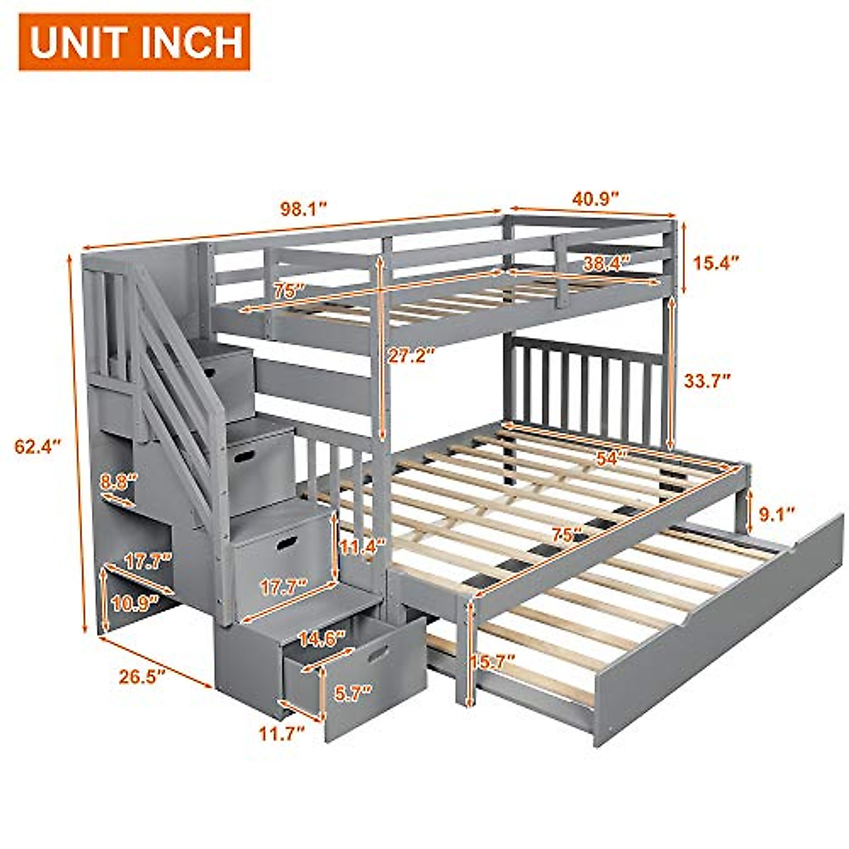 Harper & Bright Designs Stairway Twin Over Twin/Full Bunk Bed with Twin Size Trundle and Drawers, Solid Wood Bunk Bed Staircase Can be Placed on The Left or Right Side (Grey)