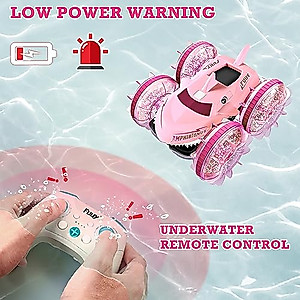 FUUY Amphibious RC Boat 360-degree Flips Waterproof Remote Control Car Monster Trucks LED Pink 4WD Roate Stunt Car Lake Pool Toys for Kids Ages 8-12