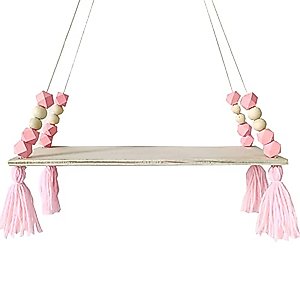 Emivery Wood Wall Hanging Floating Shelves with Tassel Beads Wall Hanging Storage Board Wooden Display Shelf with Rope for Women Girls Kids Bedroom Living Room Decorations Pink