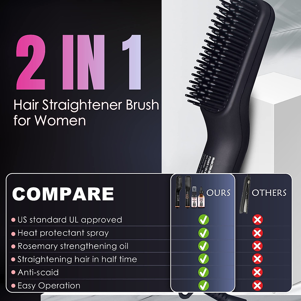 Portable Hair Straightener Brush,Straightening Brush Comb w/Heat Protectant Spray for Hair & Rosemary Strengthening Oil for Dry Damaged Hair,Hot Comb Hair Straightener Christmas Gifts for Women Her
