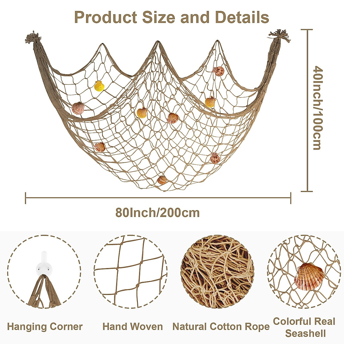 80x40 Inch Decorative Fishing Net w/Shells & Clips, 3mm Thickness Brown Natural Cotton Large Photo Hanging Fishnet, Wall Party Decorations for Nautical Pirate Hawaii Underwater Mermaid Themed Party