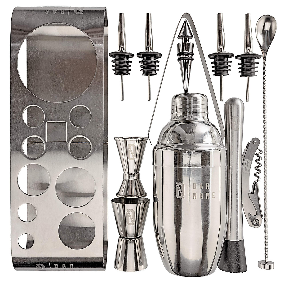 BAR NONE The Cocktail Set | 12-Piece Stand Bar Set Exquisite Quality Bartender Kit Tools | Martini Shaker Jigger Shot Muddler Spoon Ice Tongs Corkscrew Knife Bottle Opener Pourers (Stainless Steel, 1)