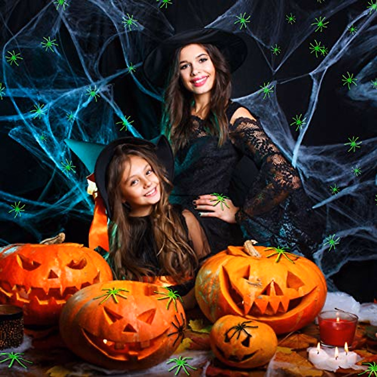 WXJ13 Halloween Decorations Spider Webs with 200 Glow Spiders Spooky Spider Webbing with 2 Black Fake Spiders for Halloween Party Decorations