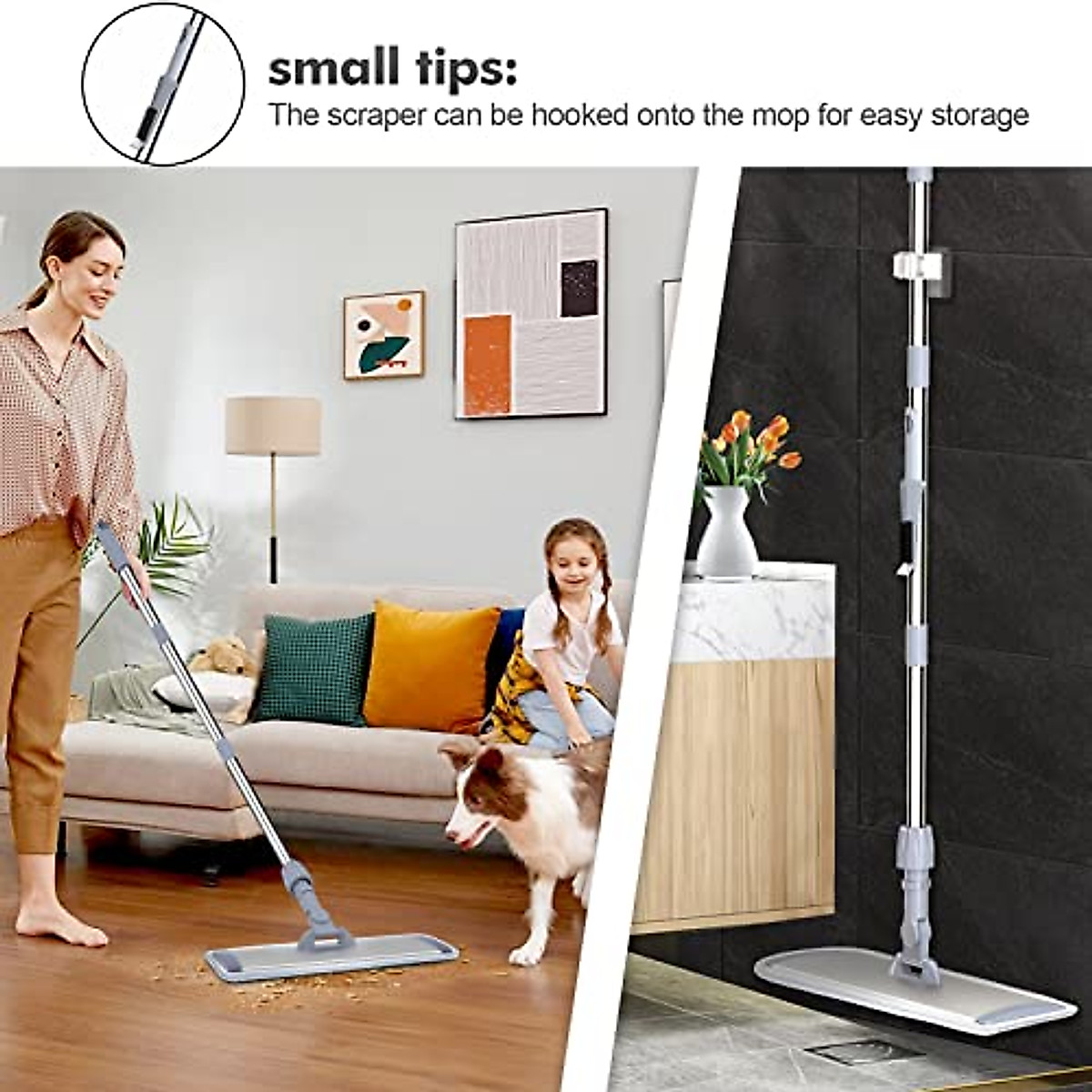 Sunally 18 Inch Professional Microfiber Floor Mop, Wet and Dust Mop with 4 Reusable Mop Pads, Gray