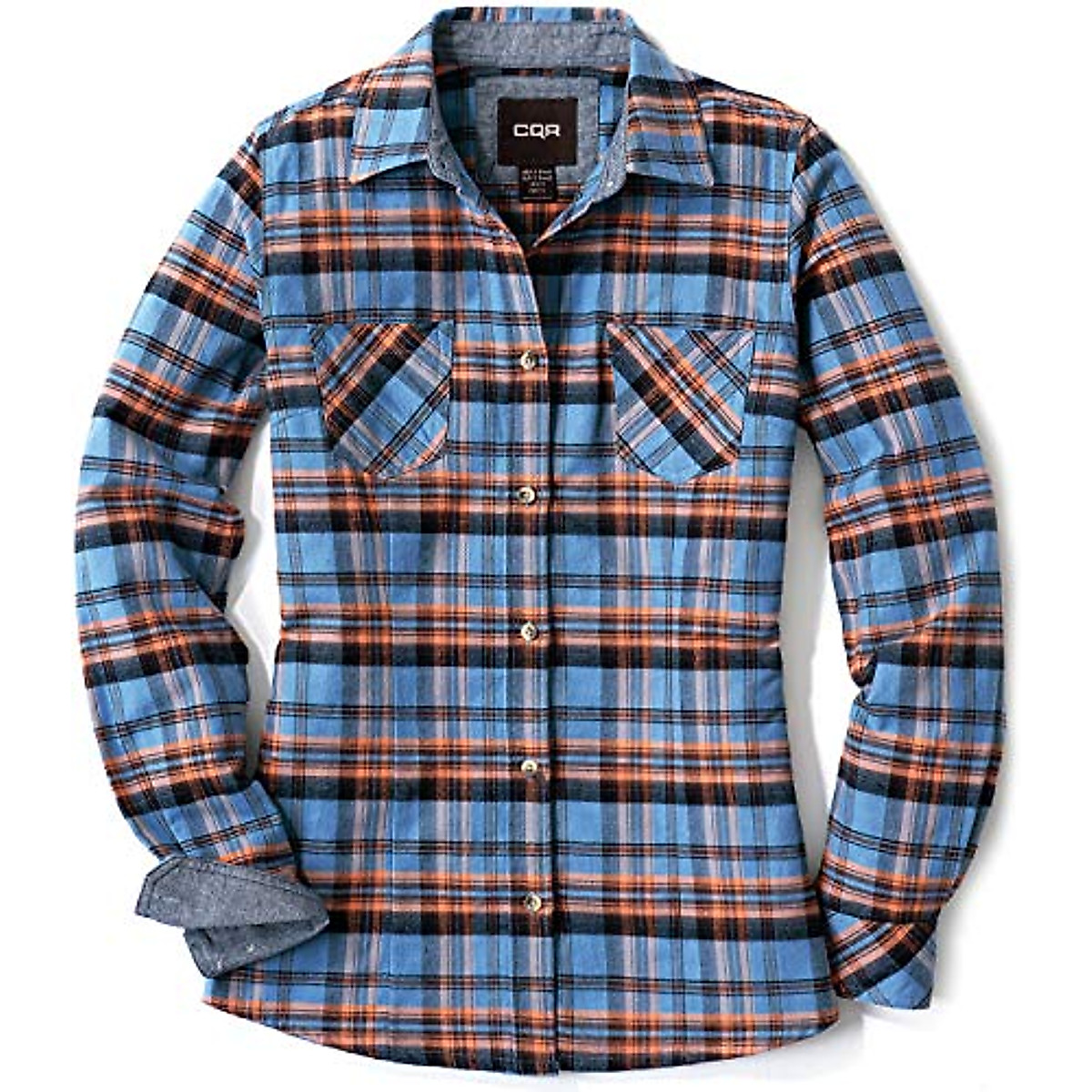 CQR Women's Plaid Flannel Shirt Long Sleeve, All-Cotton Soft Brushed Casual Button Down Shirts, Flannel Plaid Shirts Aqua Coral, Medium