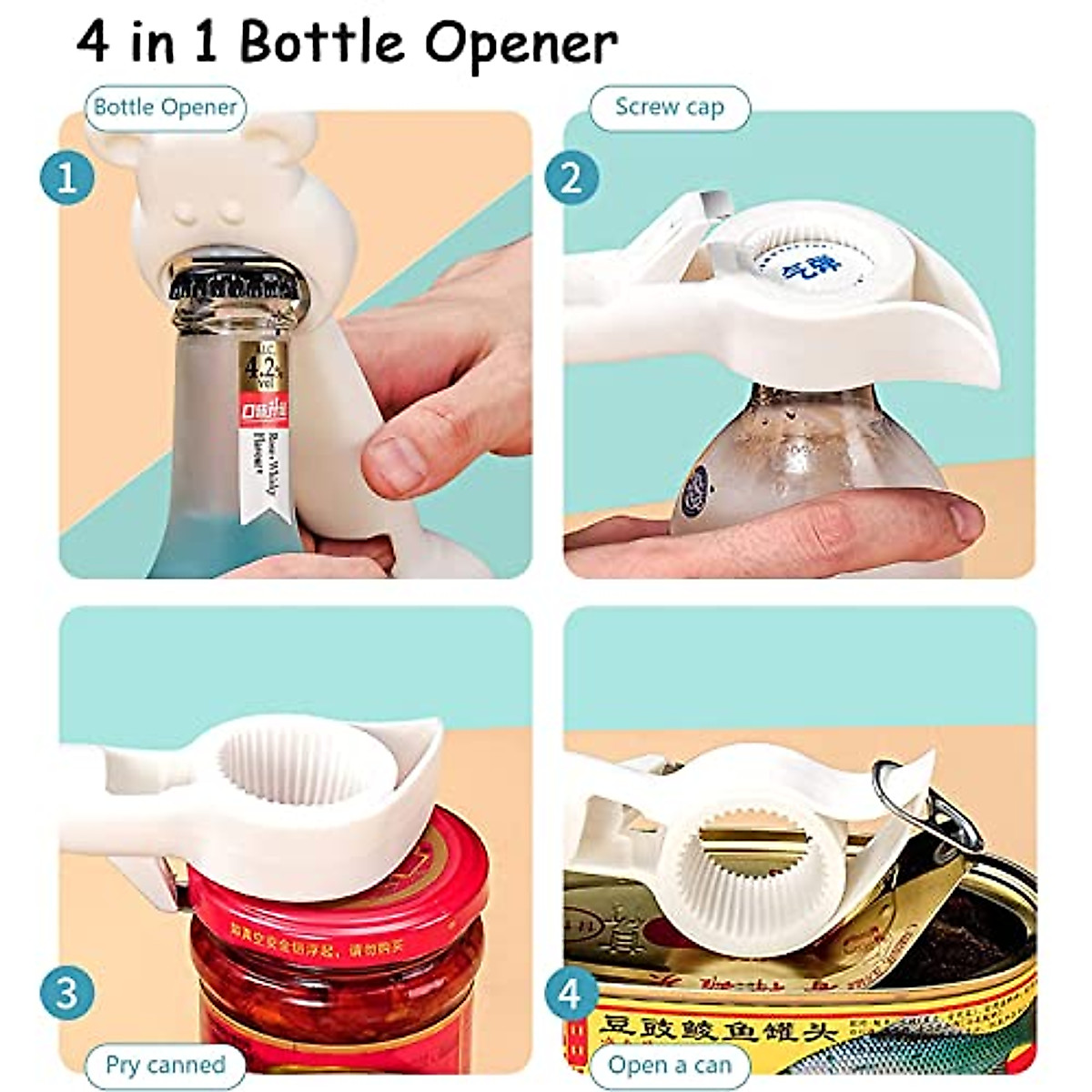 4 in 1 Multi Function Can Opener Bottle, Multi Kitchen Tool for Jelly Jars, Wine, Beer and other, Bottle Opener to Protect the Nail Use for Children, Elderly and Arthritis Sufferers