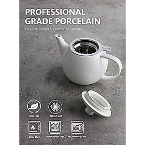 Sweese Teapots for Tea, 27 oz Porcelain Tea pot with Removable Stainless Steel Infuser, Tea Pots for Loose Tea - White, 221.101