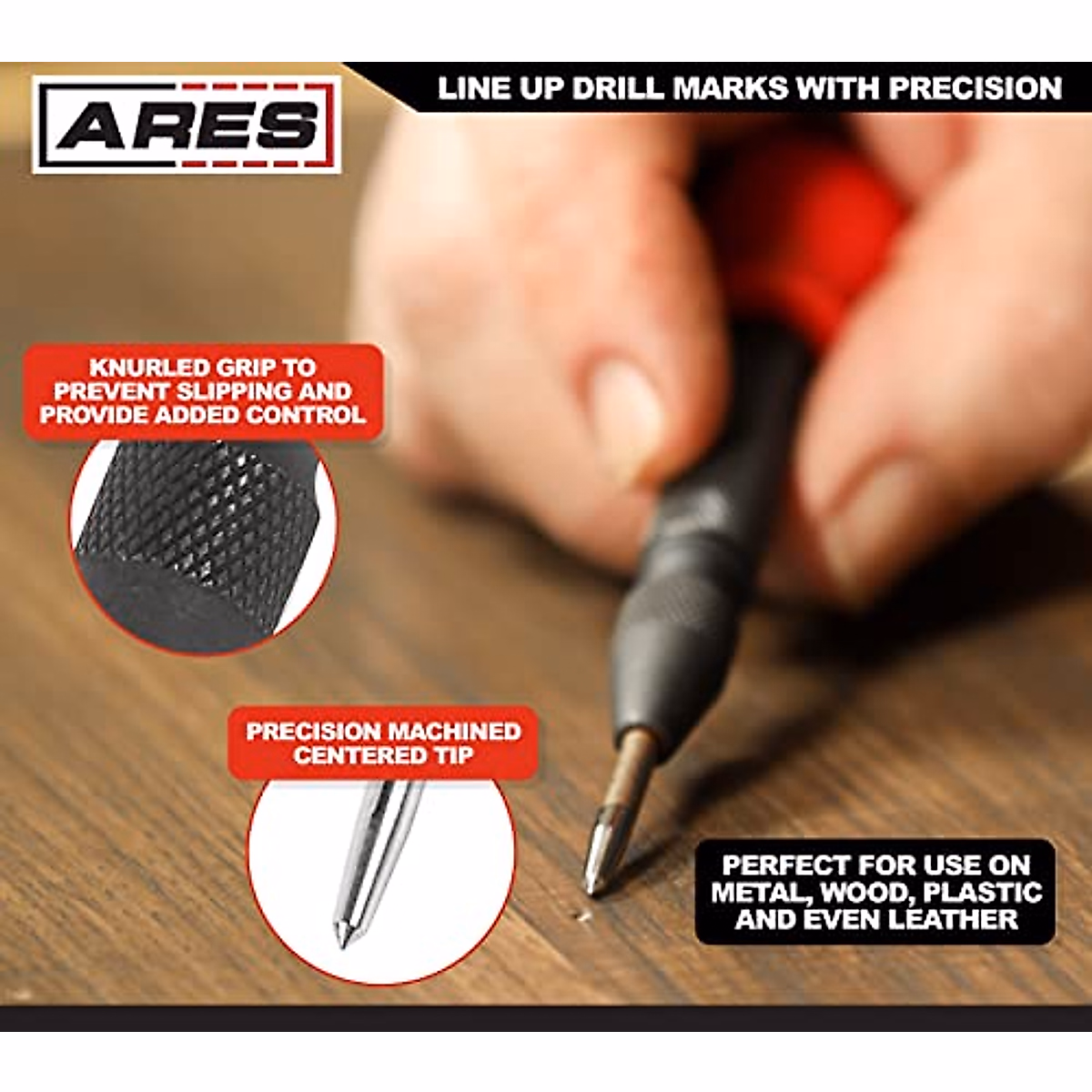 ARES 10022 - Automatic Center Punch - 5-Inch Adjustable Spring-Loaded Tool - Anti-Slip Knurled Grip - Durable S2 Steel Tip